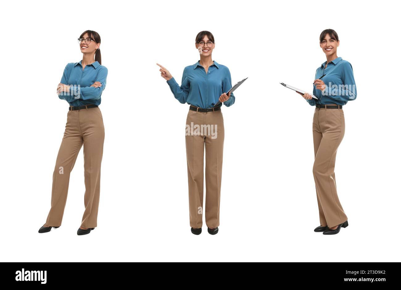 Collage with photos of beautiful secretary on white background Stock ...