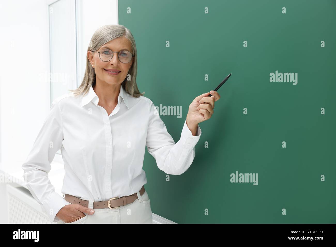 Professor explaining something at blackboard in classroom, space for ...
