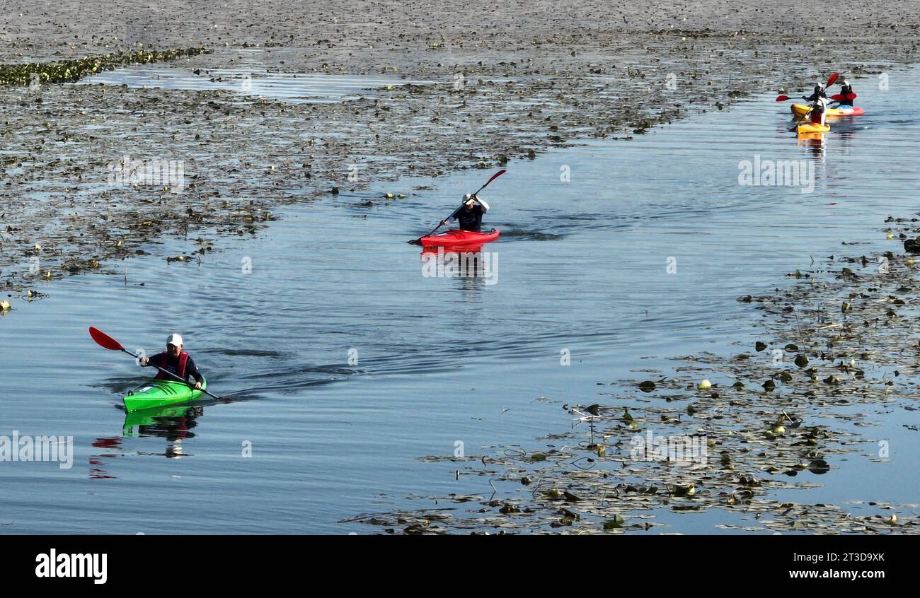 BAZHOU, CHINA - OCTOBER 24, 2023 - Athletes kayak at the Bosten Lake ...