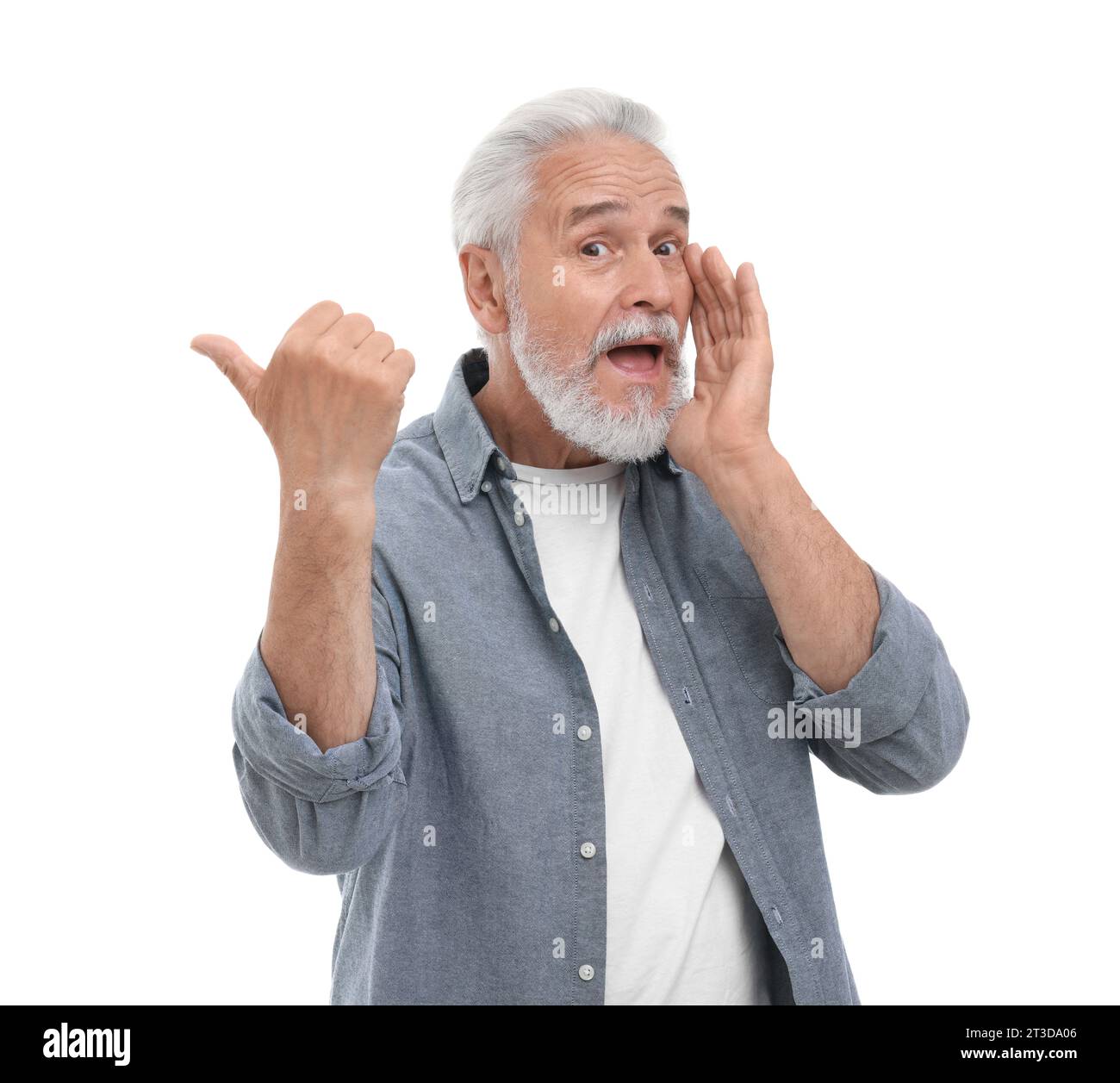 Special promotion. Senior man pointing at something on white background ...