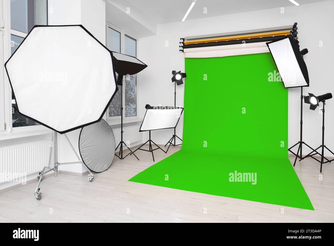 Chroma key compositing. Green backdrop and equipment in studio Stock ...
