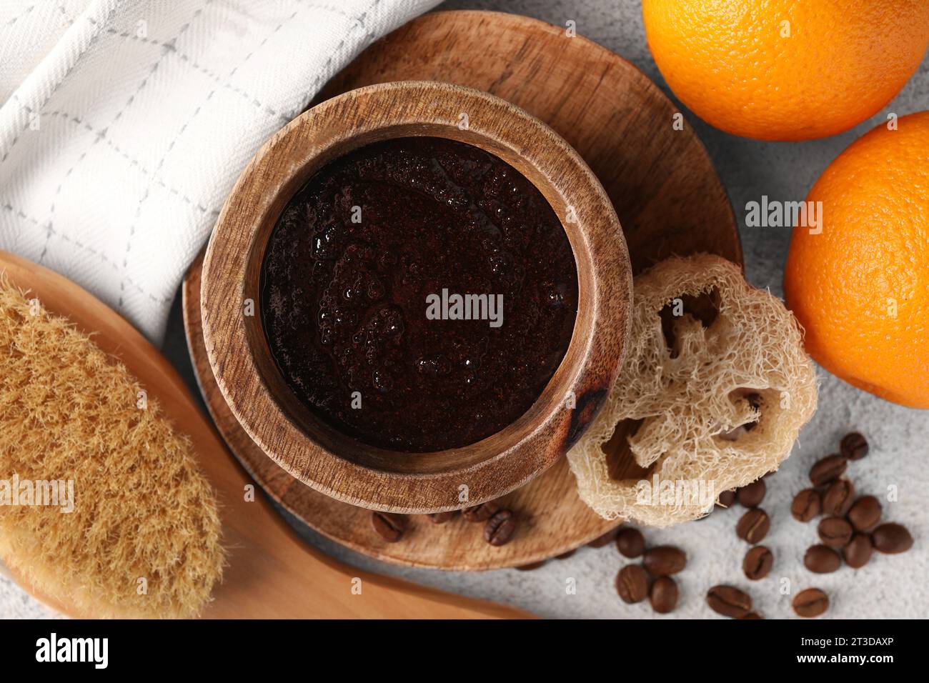 Flat lay composition with natural body scrub and fresh ingredients on ...
