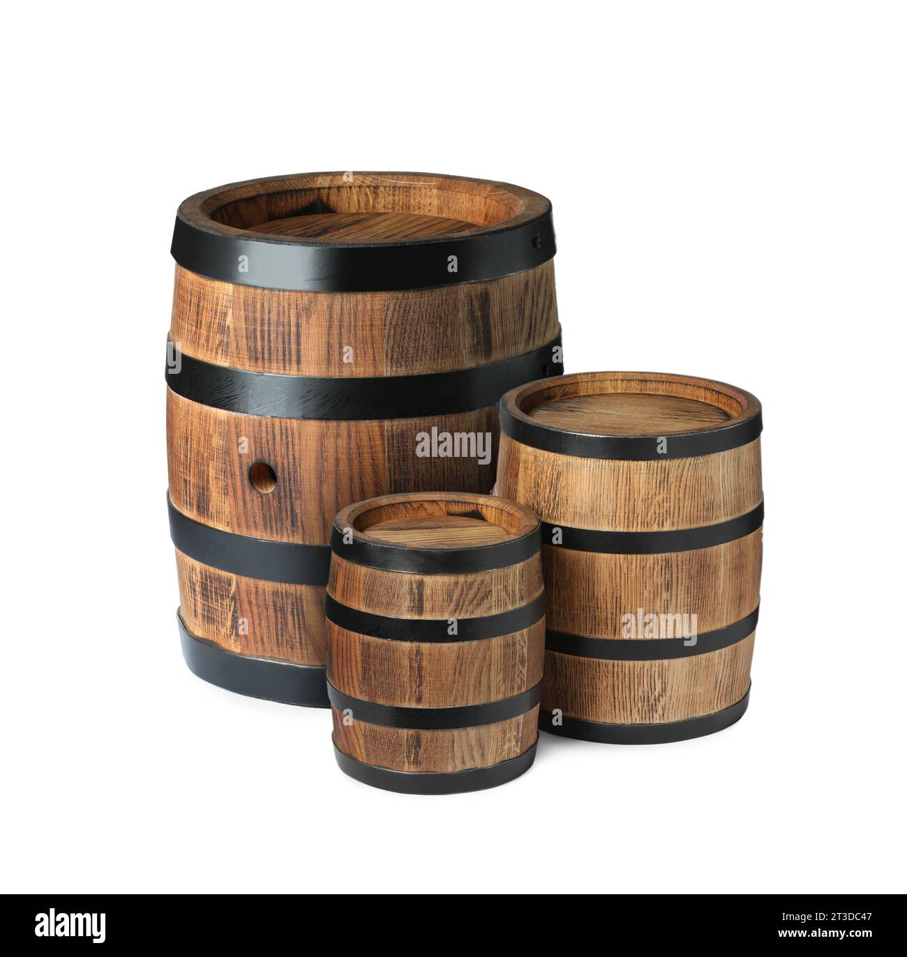 Set of many wooden barrels on white background Stock Photo - Alamy