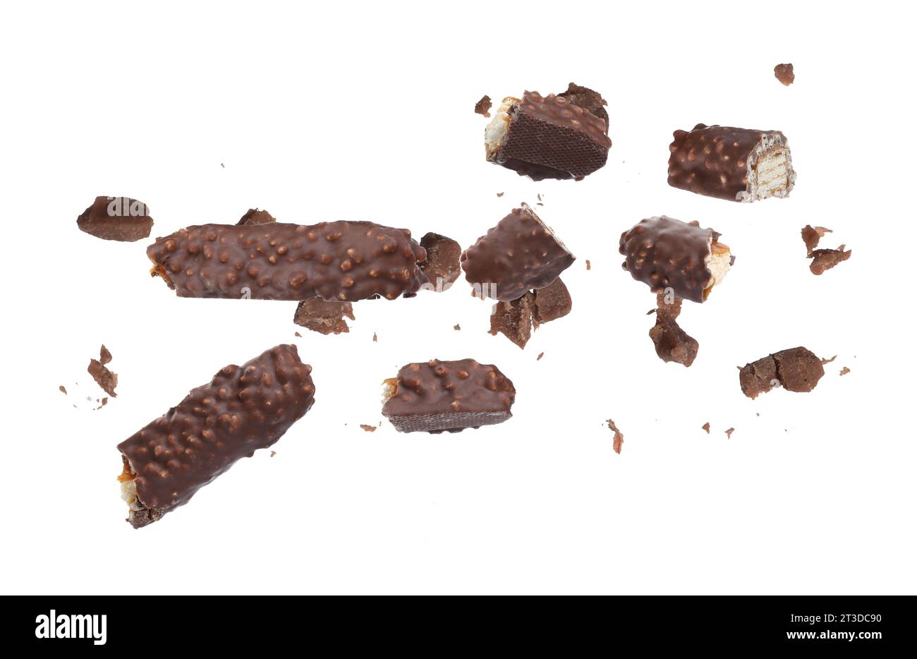 Pieces of tasty chocolate bars falling on white background Stock Photo ...