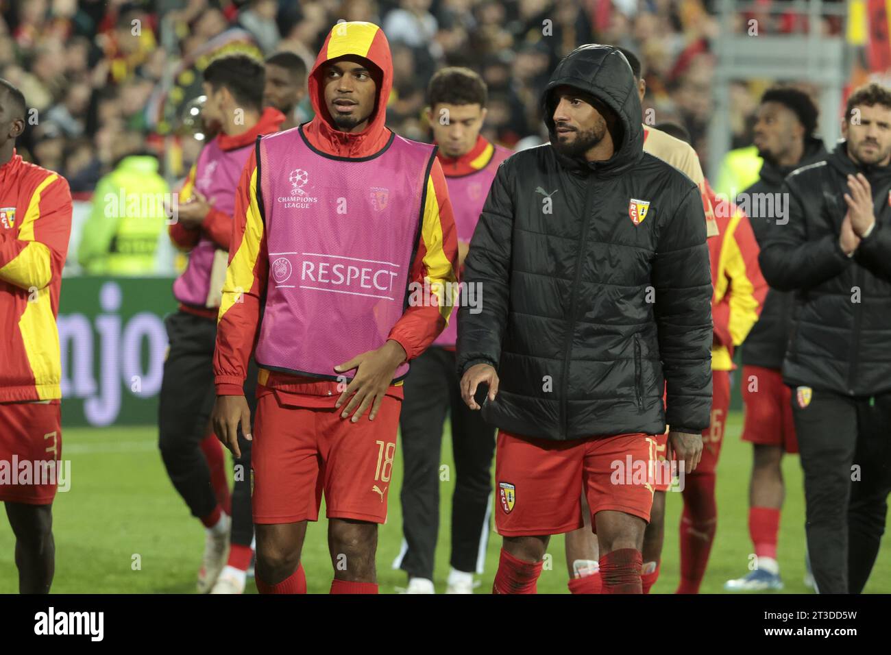 Andy Diouf, Angelo Fulgini of Lens salute the supporters following the ...