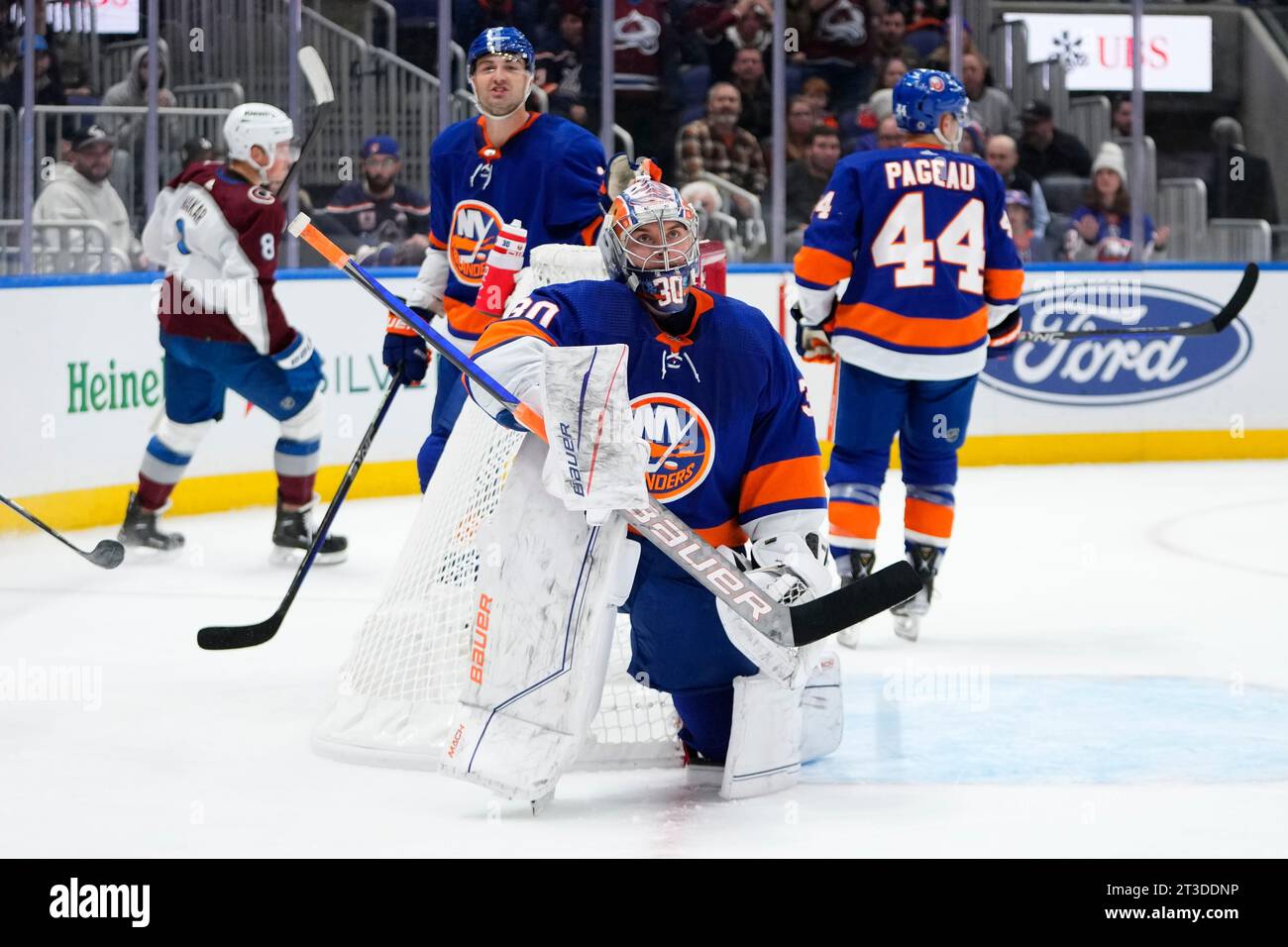 New York Islanders goaltender Ilya Sorokin (30) looks up after Colorado ...