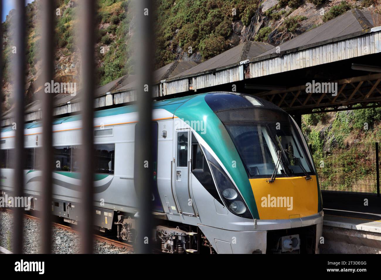 The diesel locomotive train at a railway station in Ireland Stock Photo ...