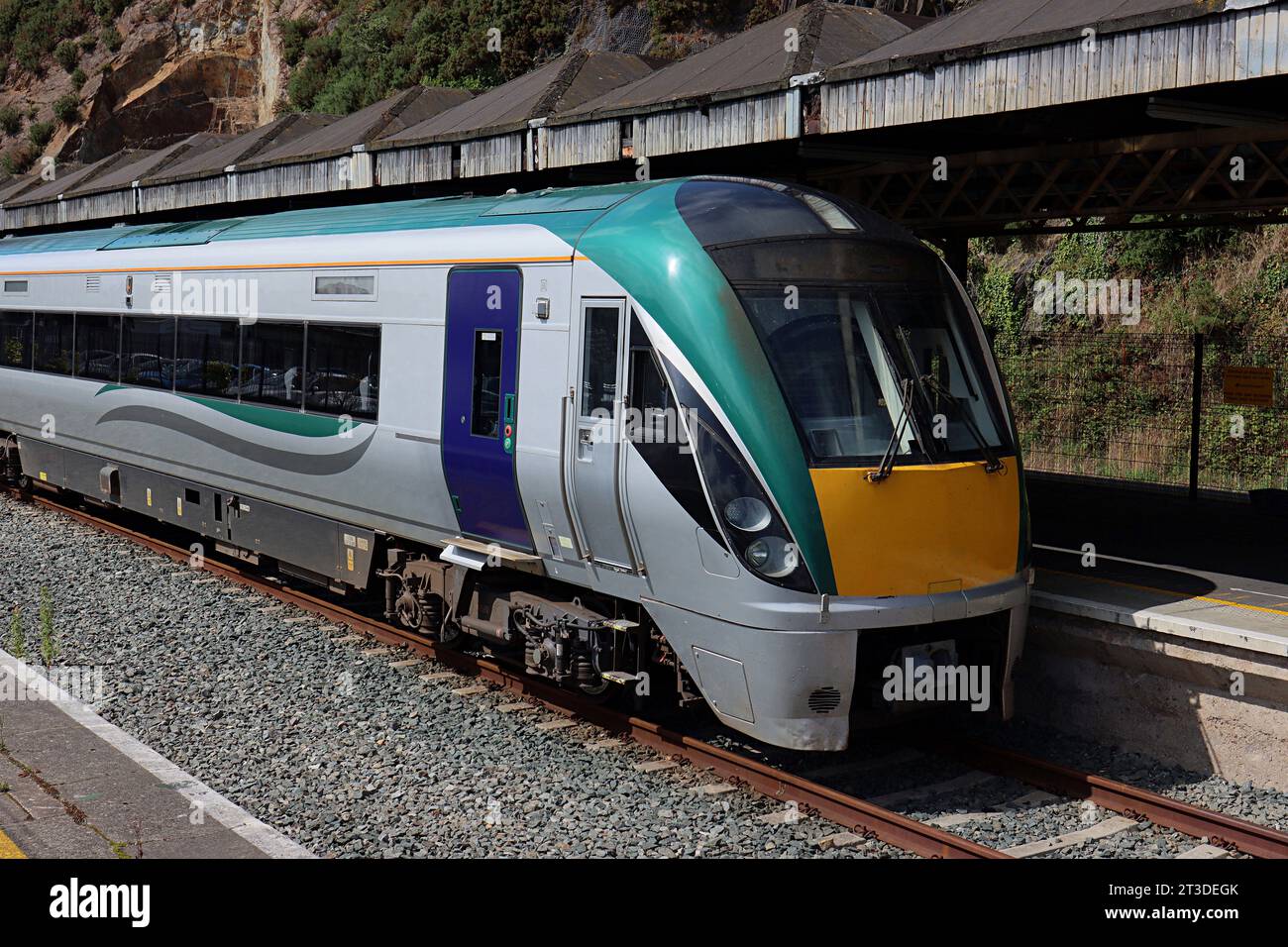 The diesel locomotive train at a railway station in Ireland Stock Photo ...