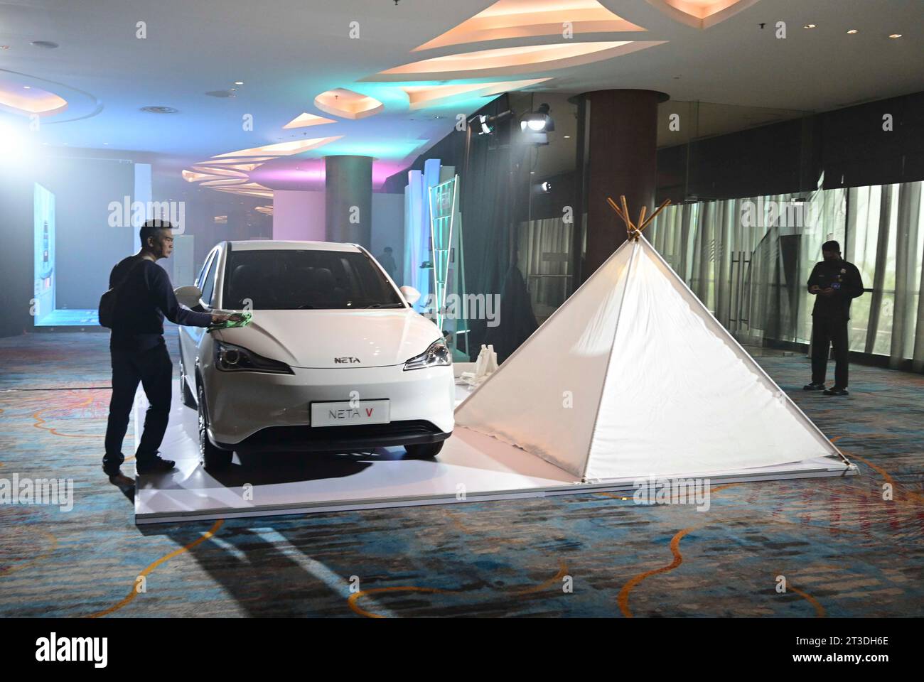 Jakarta, Indonesia. 24th Oct, 2023. A NETA V electric vehicle is ...