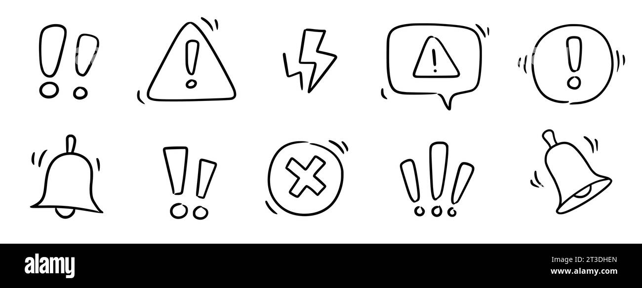 Doodle exclamation mark, alert danger sign set. Scribble hand drawn ...