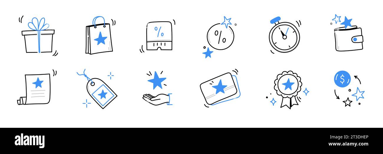 Doodle exclusive, benefit, reward loyalty coupon icon set. Hand drawn ...