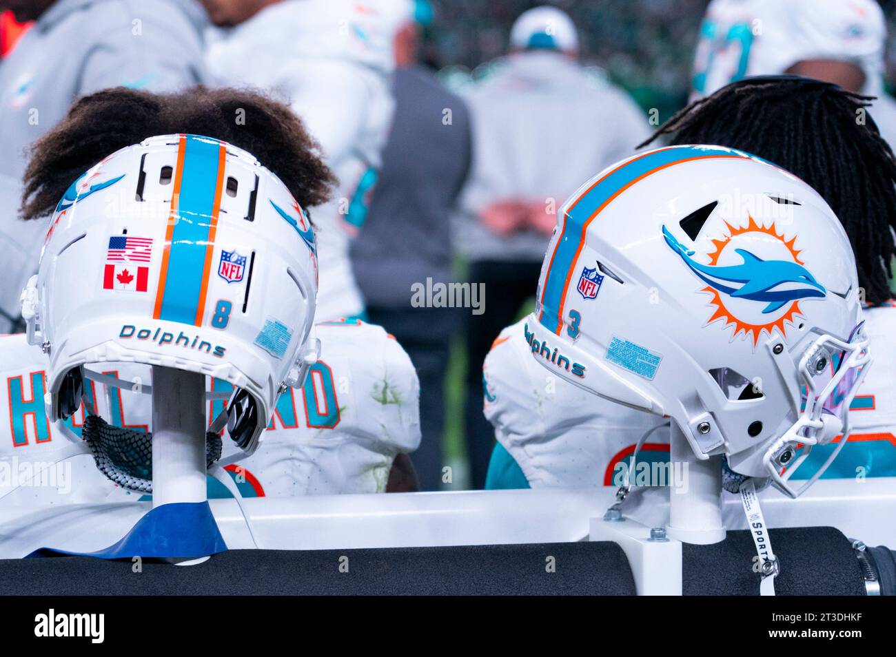 Miami Dolphins safety Jevon Holland (8) has a dual flag on his helmet ...