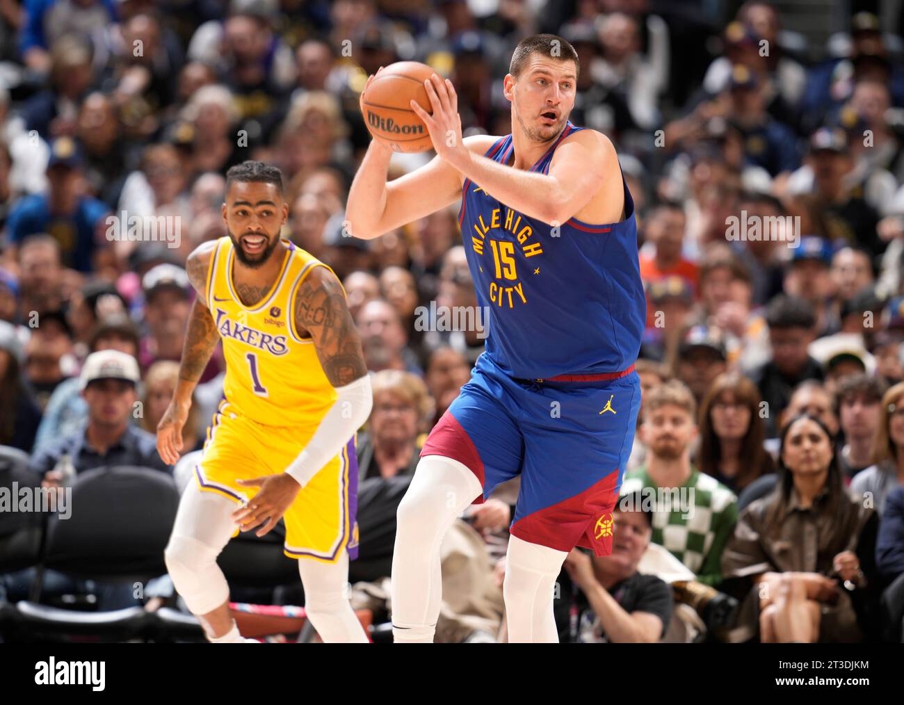 Denver Nuggets center Nikola Jokic collects the ball as Los Angeles ...