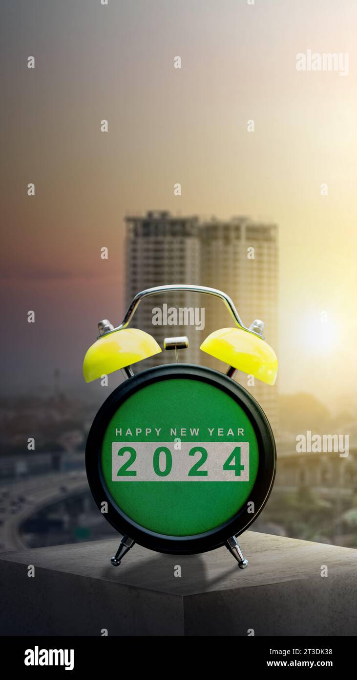Clock 2024 with cityscapes background. Happy New Year 2024 Stock Photo - Alamy
