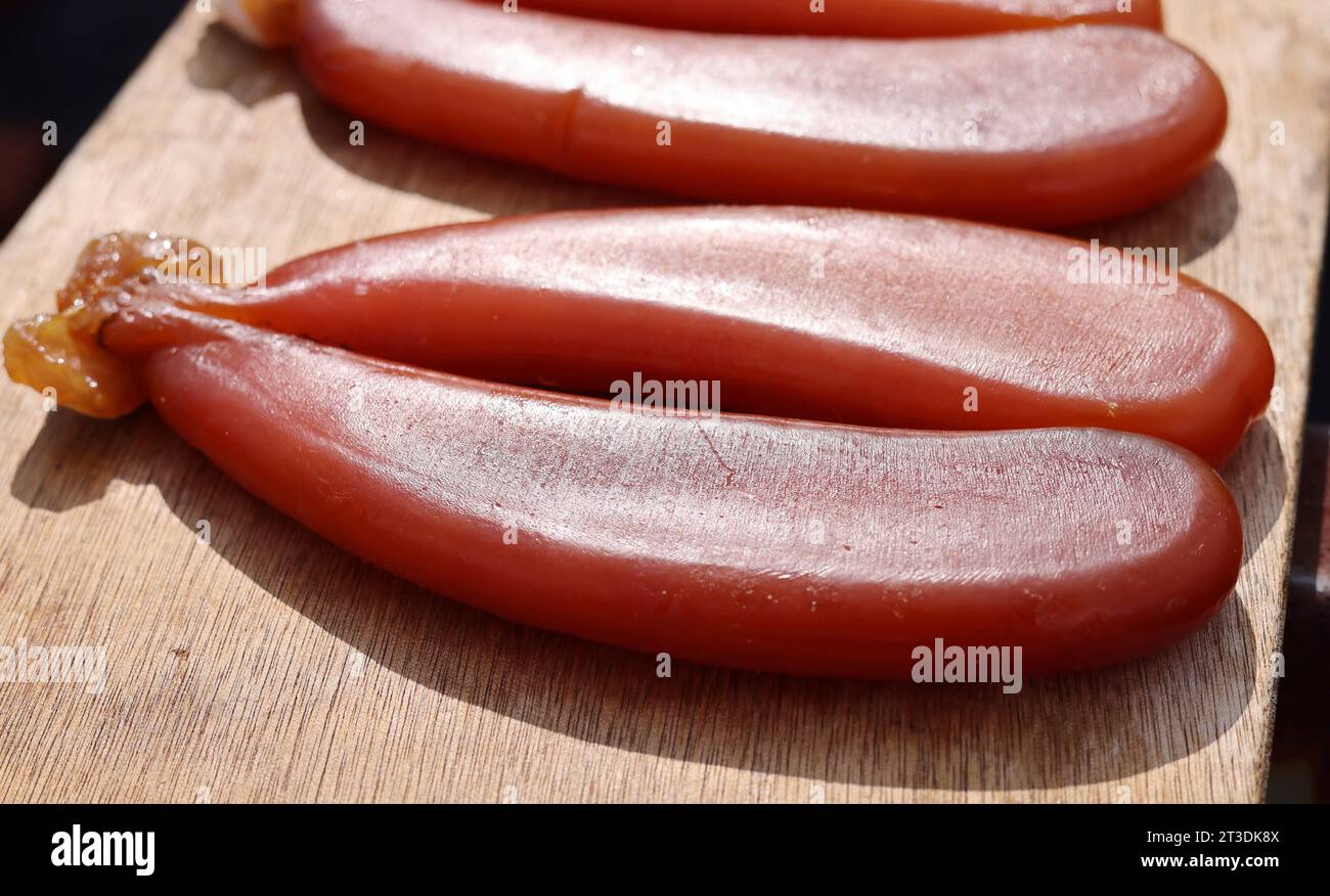 Production of karasumi, a delicacy made by salting mullet roe and ...