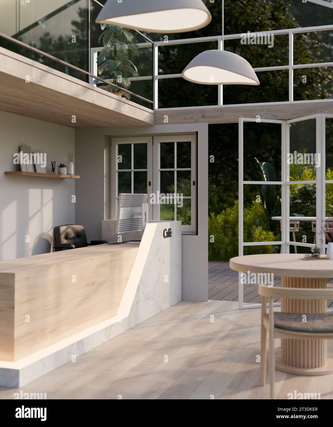 Interior design of a modern minimalist cafe entrance door area with a ...