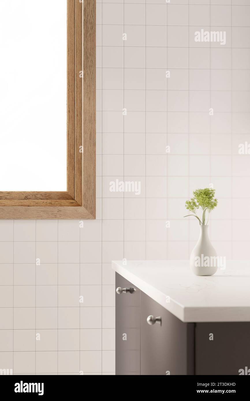 Kitchen, bathroom, white tile, sink, window frame with sunlight coming ...