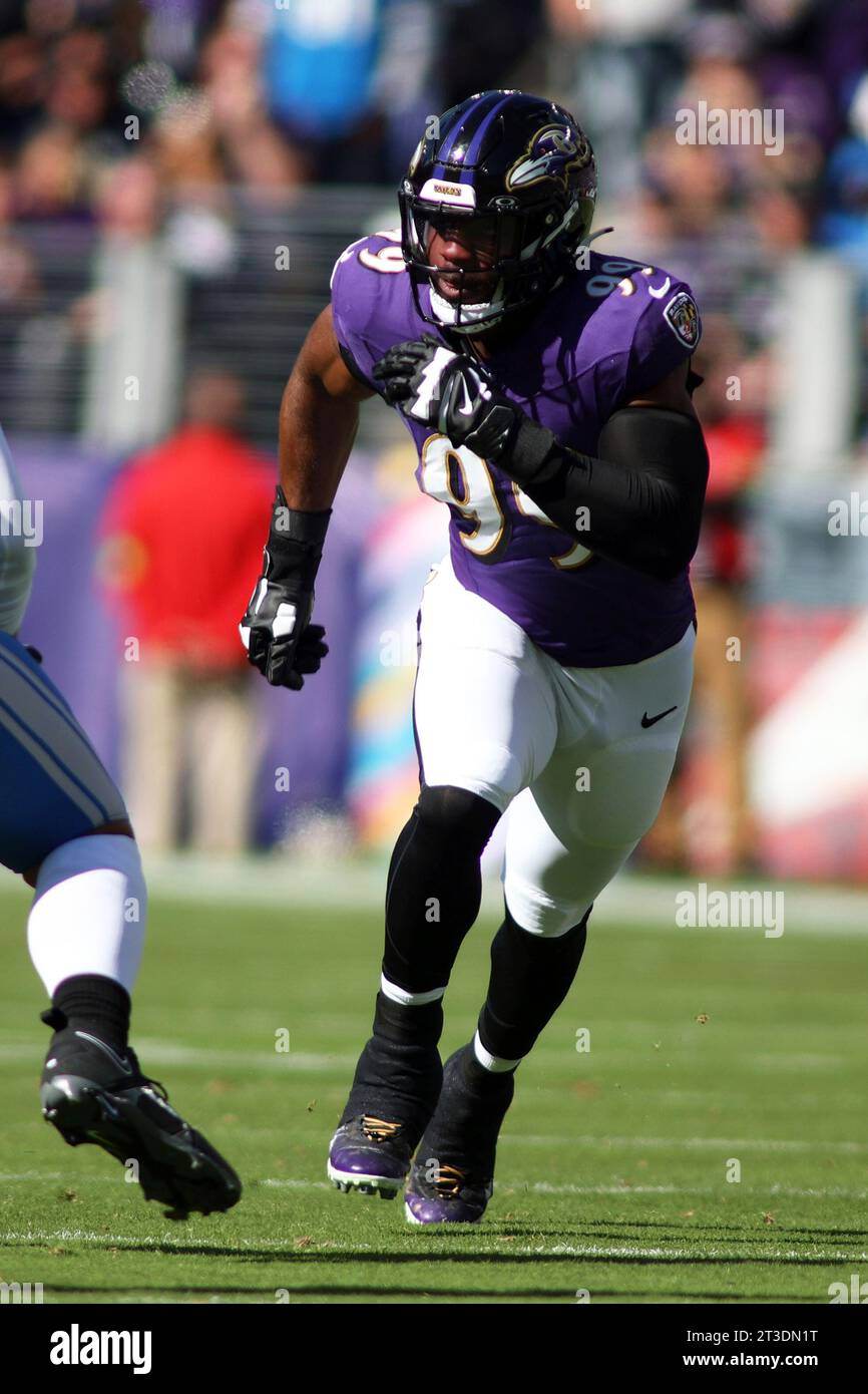 Baltimore Ravens linebacker Odafe Oweh (99) runs during an NFL football ...