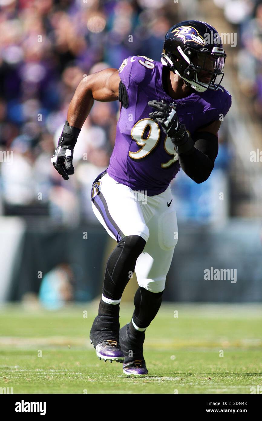 Baltimore Ravens linebacker Odafe Oweh (99) runs during an NFL football ...