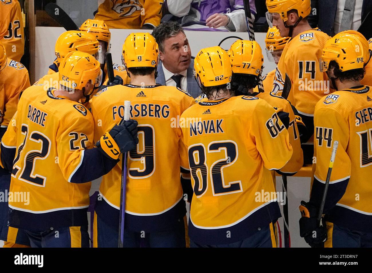 Nashville Predators head coach Andrew Brunette, center, gives ...
