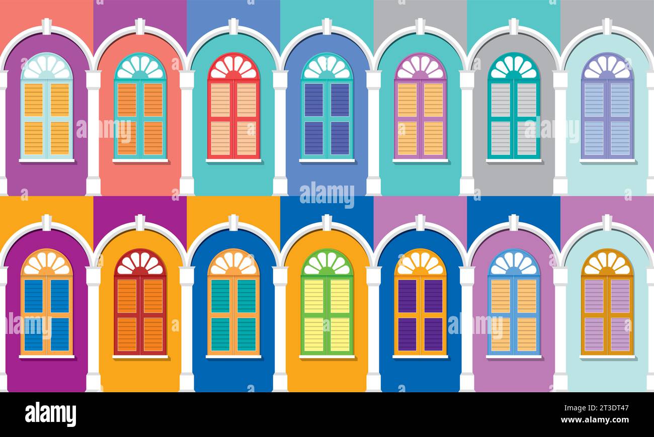 Colonial style shop house's windows with multiple colour Stock Vector ...