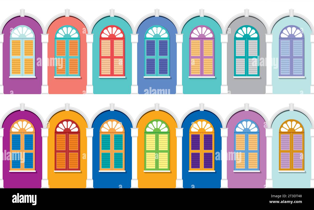 Colonial style shop house's windows with multiple colour Stock Vector ...