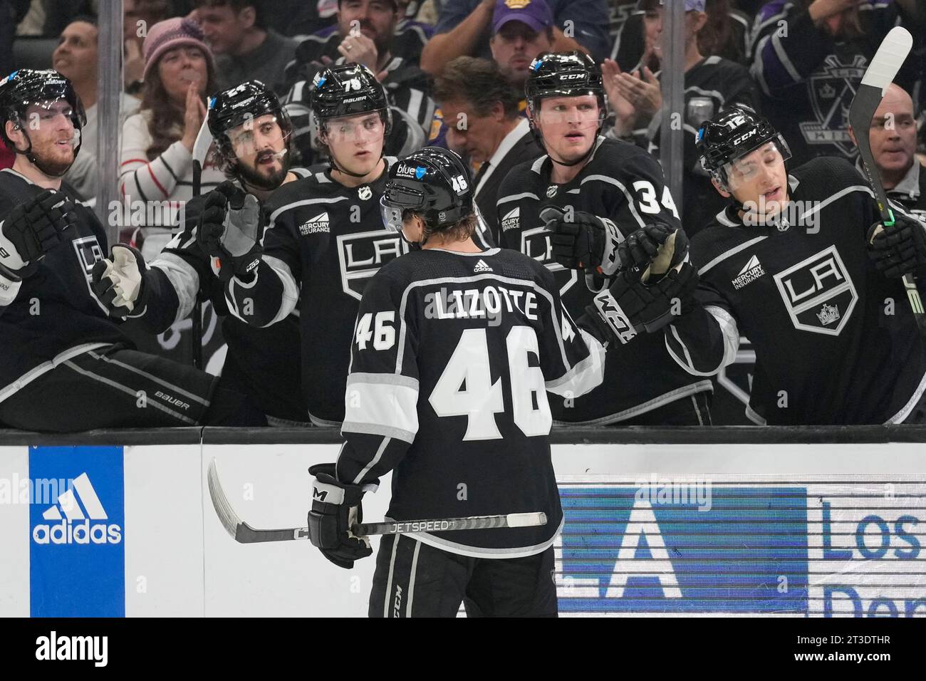 Los Angeles Kings center Blake Lizotte (46) celebrates with teammates ...