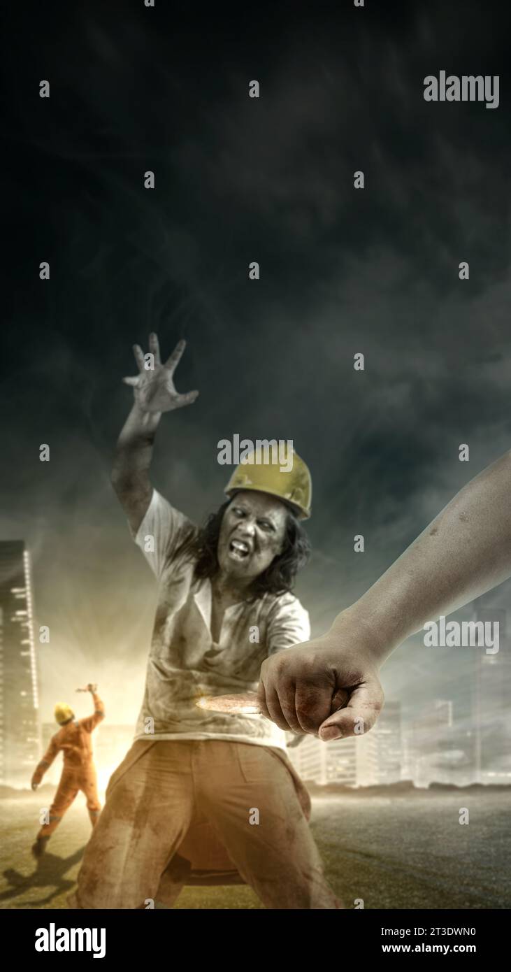 A scary construction worker zombie with blood and wounds on his body is ...