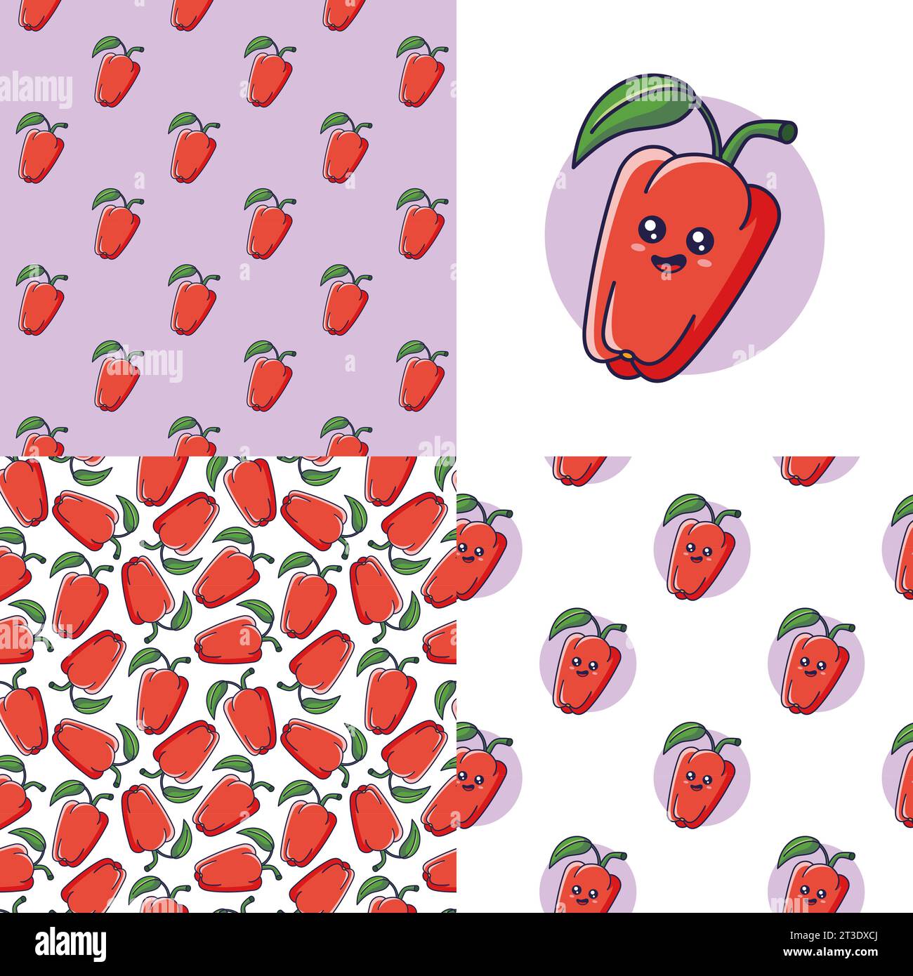 Set of Cute Kawaii Bell pepper patterns. Food vegetable flat icon ...