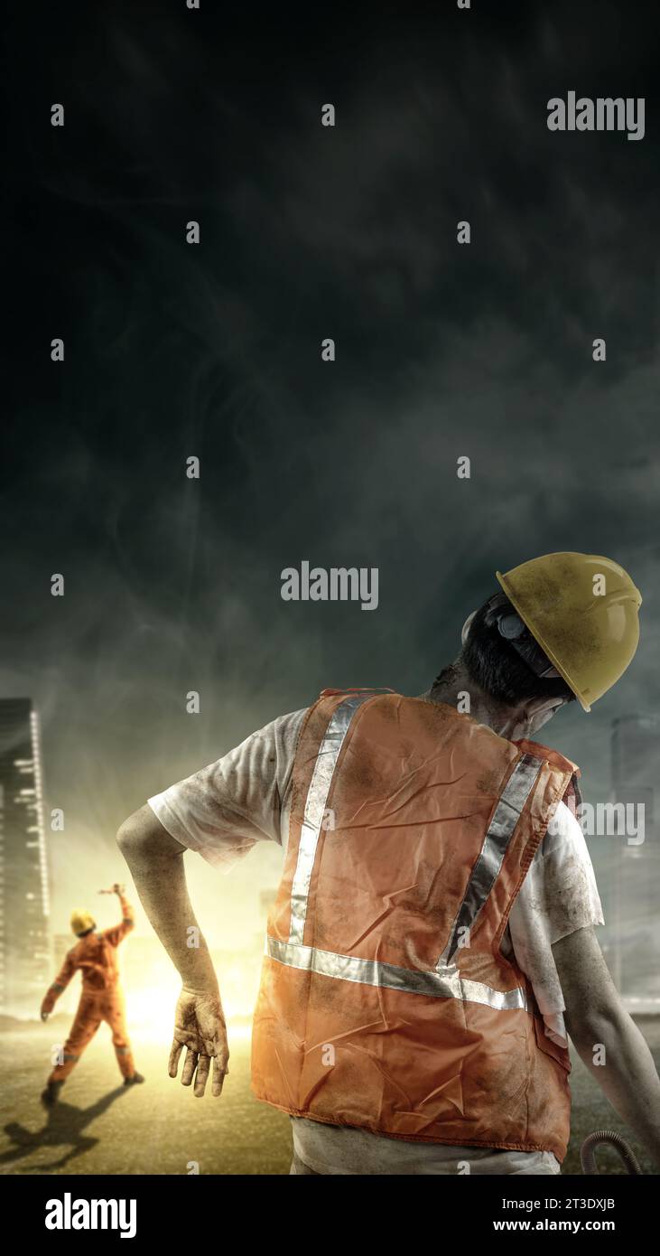 A rear view of two scary zombies with blood and wounds on their bodies ...