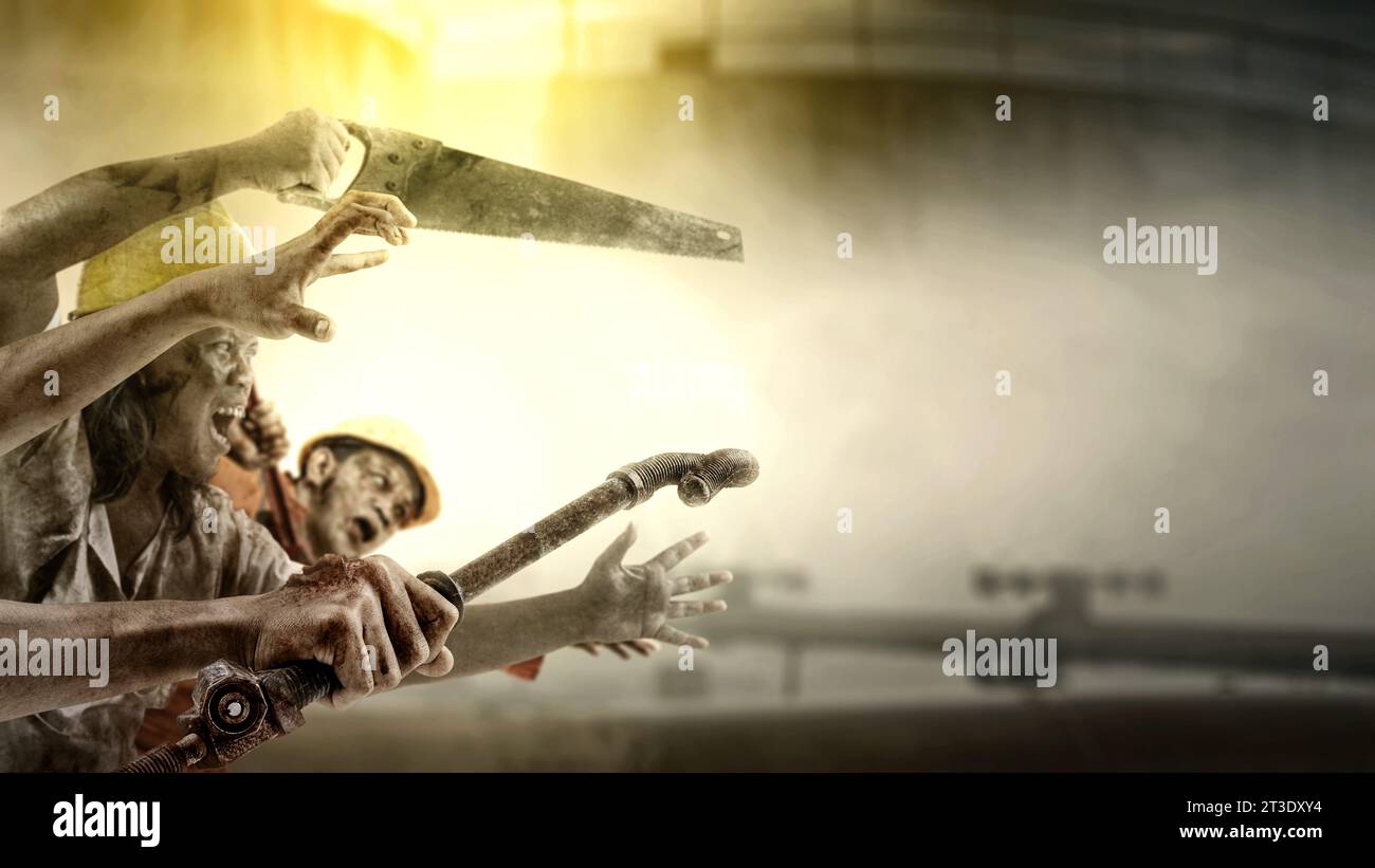 A scary construction worker zombie with blood and wounds on his body is ...