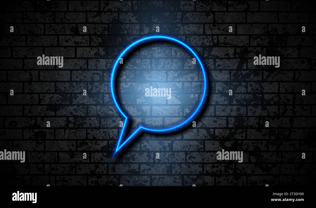 Blue Neon Speech Bubble On Dark Grunge Brick Wall Abstract Background