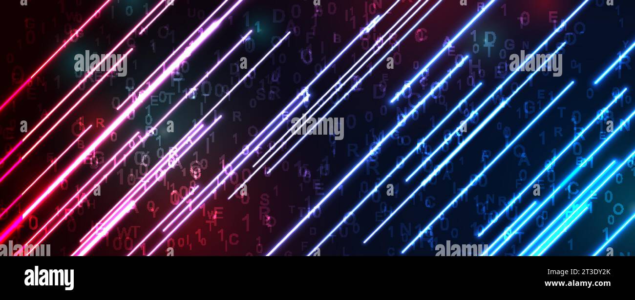 Futuristic technology neon abstract background with binary code numbers, letters and glowing ...