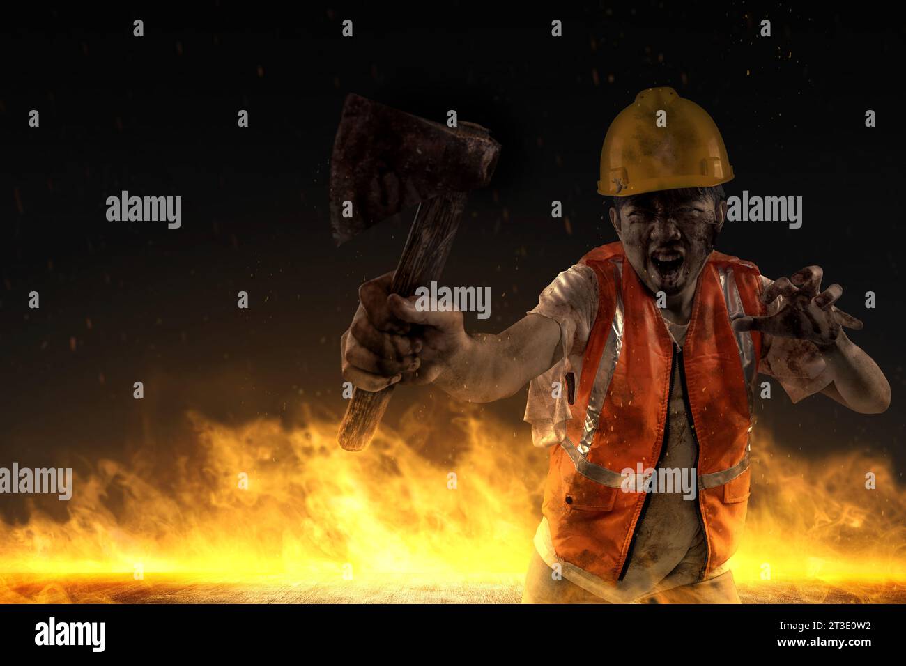A scary construction worker zombie with blood and wounds on his body ...