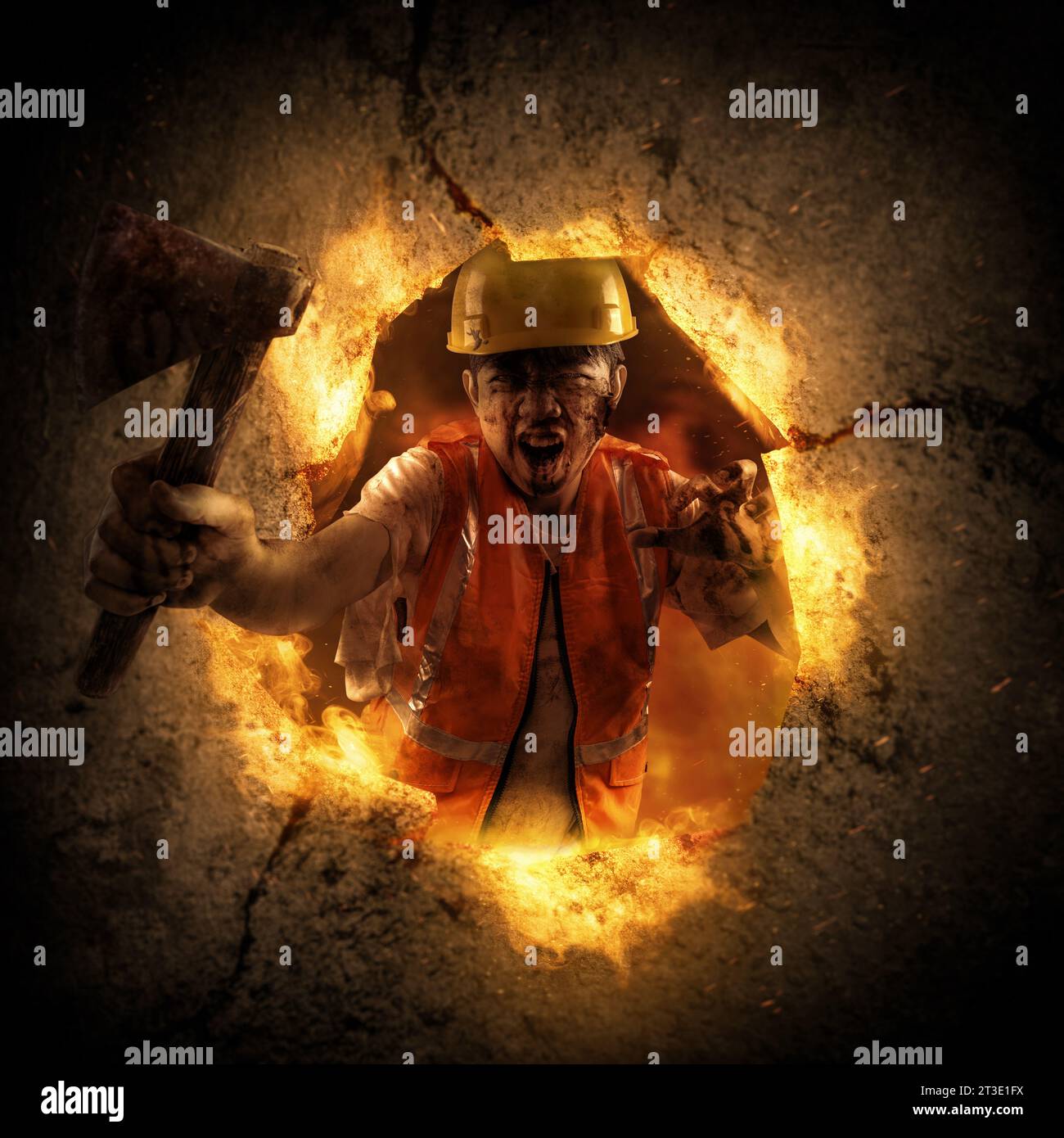 A scary construction worker zombie with blood and wounds on his body ...