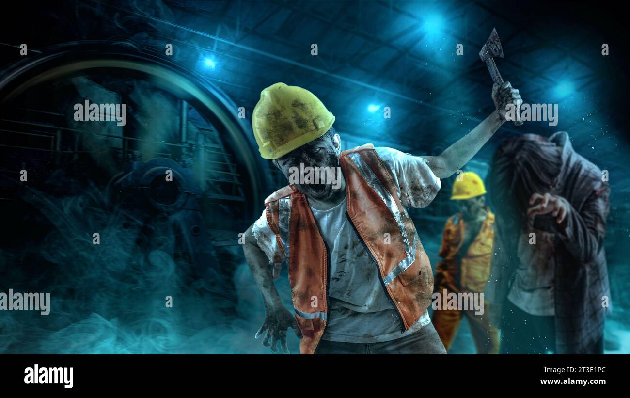 A scary construction worker zombie with blood and wounds on his body is ...