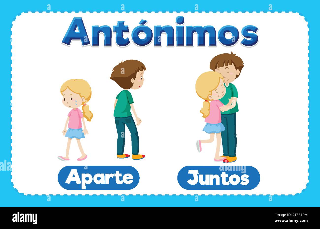 A vector cartoon illustration of antonym word cards in Spanish means ...