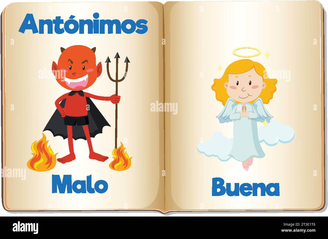 Illustrated word card featuring antonyms in Spanish means bad and good ...