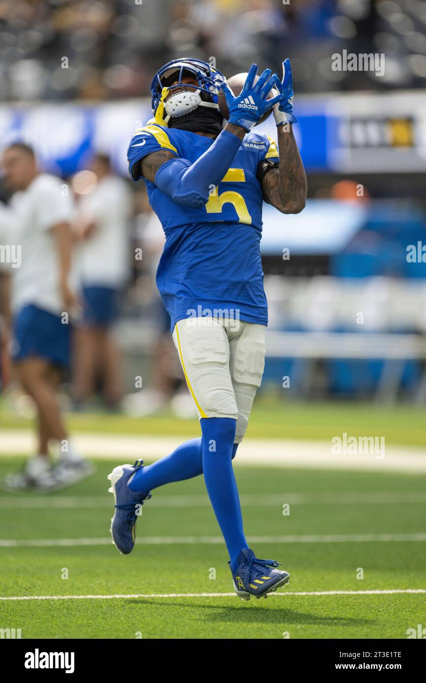 Los Angeles Rams wide receiver Tutu Atwell (5) catches the ball before an NFL football game ...