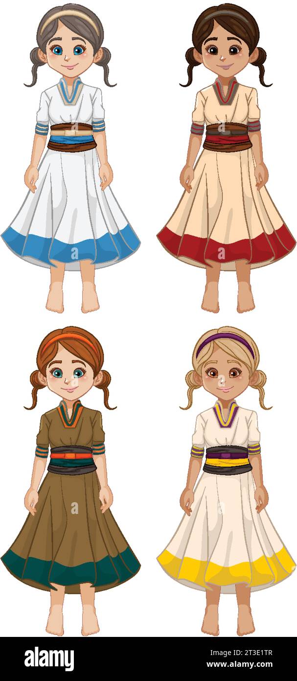 Vector cartoon illustrations of stunning women in traditional attire ...