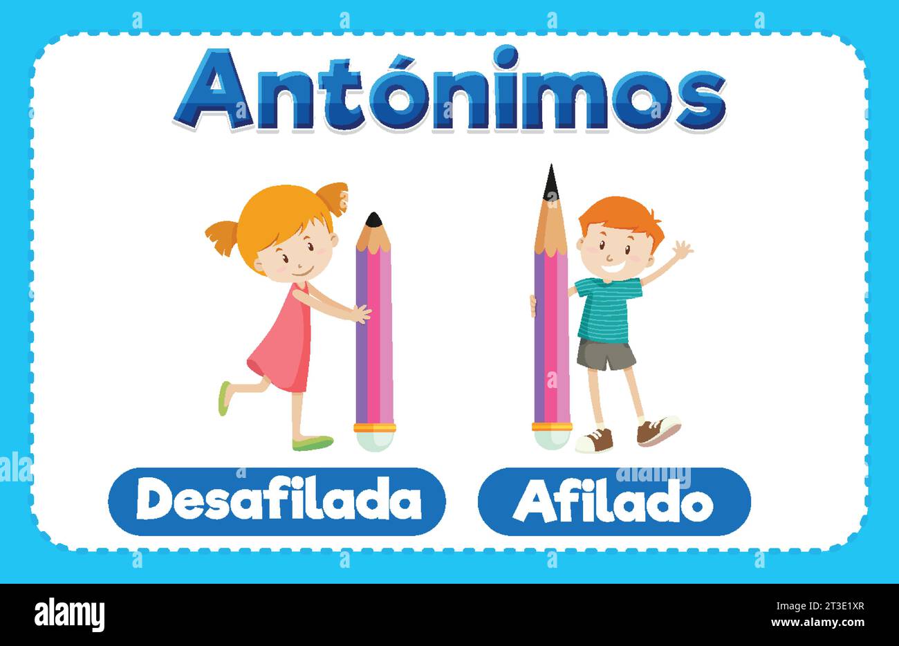 An illustrated card in Spanish depicting the antonyms 'sharp' and ...