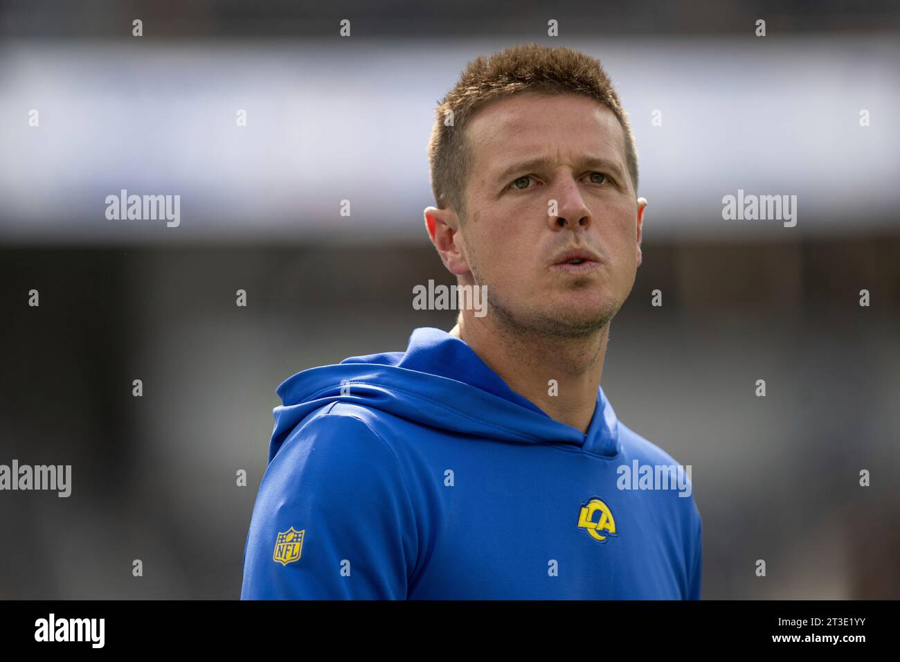 Los Angeles Rams offensive coordinator Mike LaFleur walks on the field ...