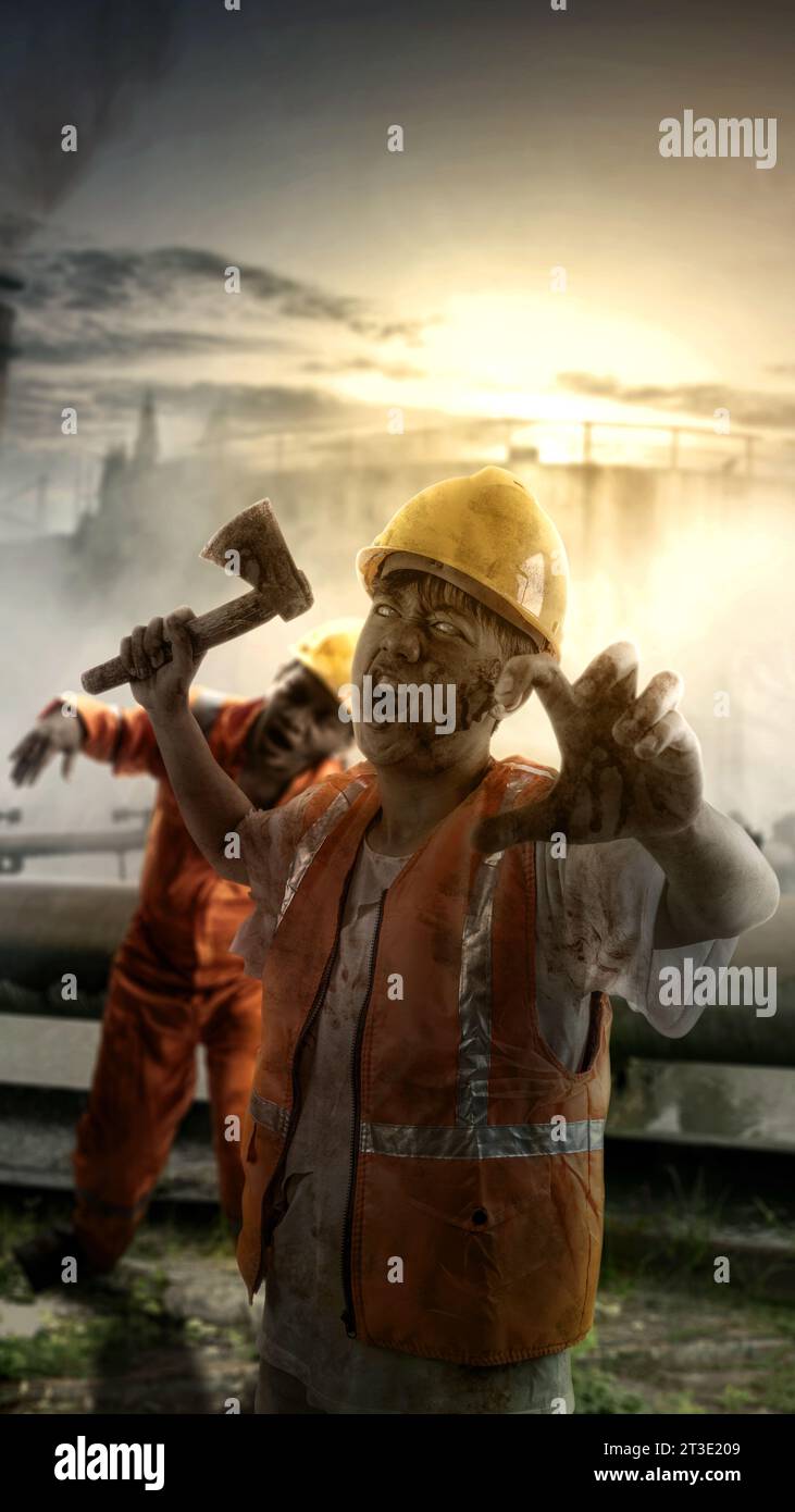 A scary construction worker zombie with blood and wounds on his body is ...