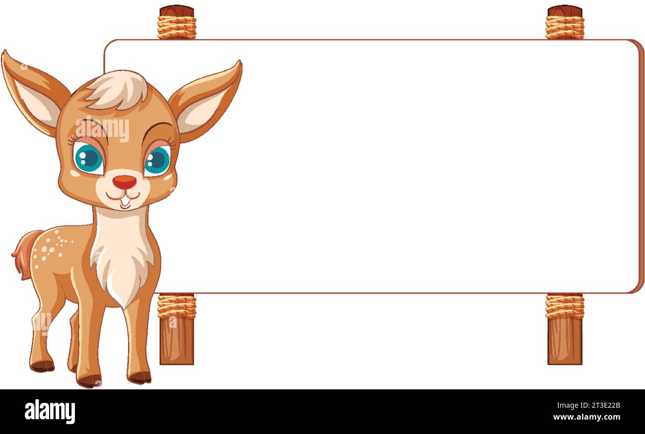 A lively cartoon deer stands proudly in front of a signboard banner ...