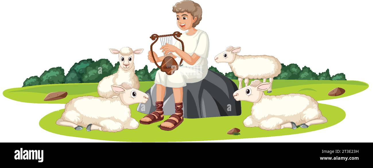 A vector cartoon illustration depicting the biblical story of David as ...