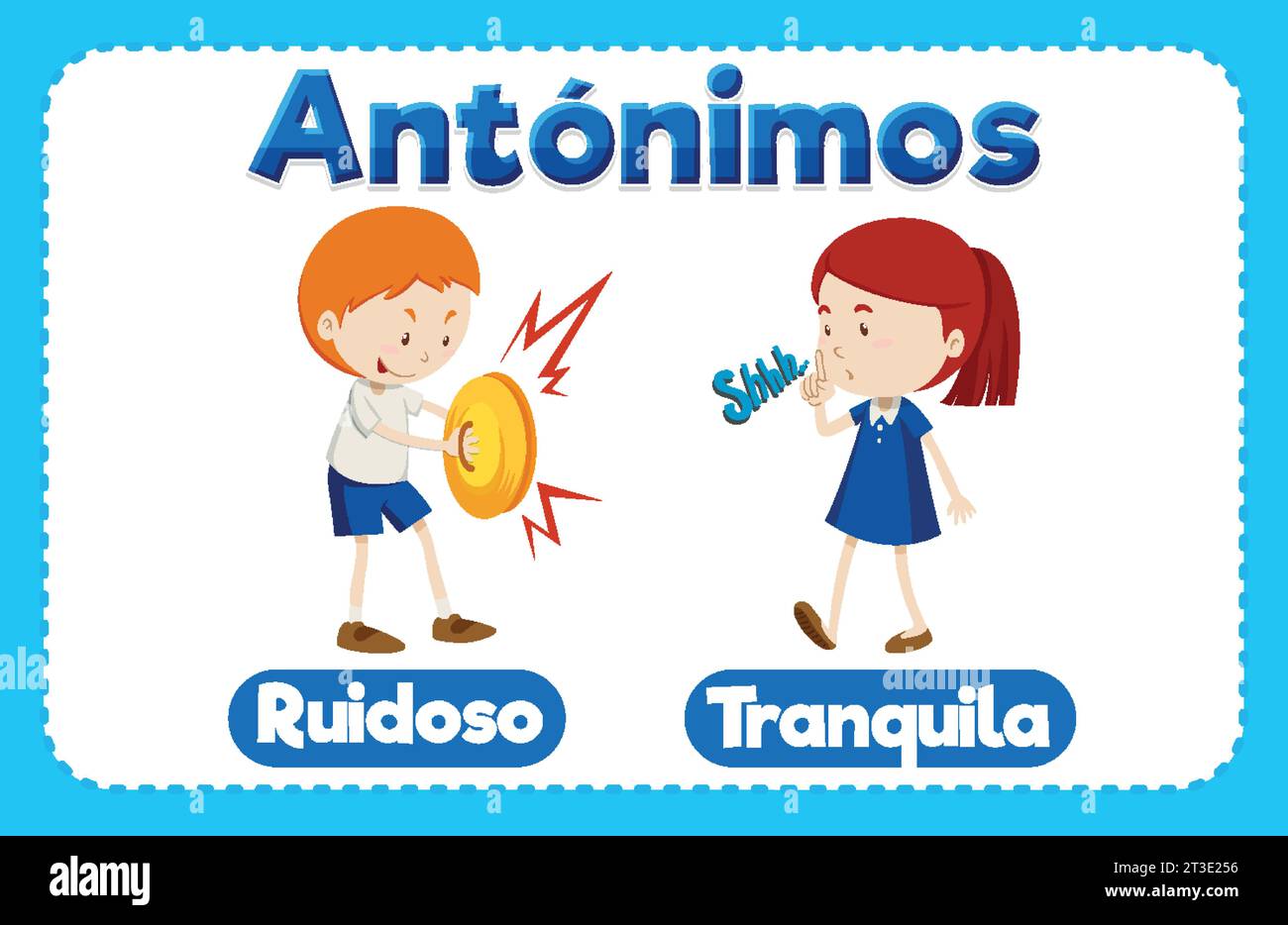 Illustrated card showcasing antonyms in Spanish: Loud and Quiet Stock ...