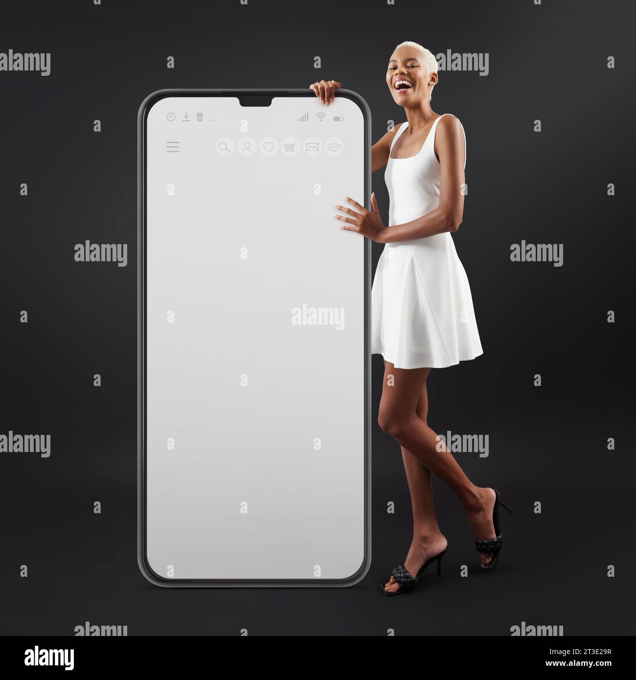 Black Friday shopping online, stunning laughing black woman in white ...