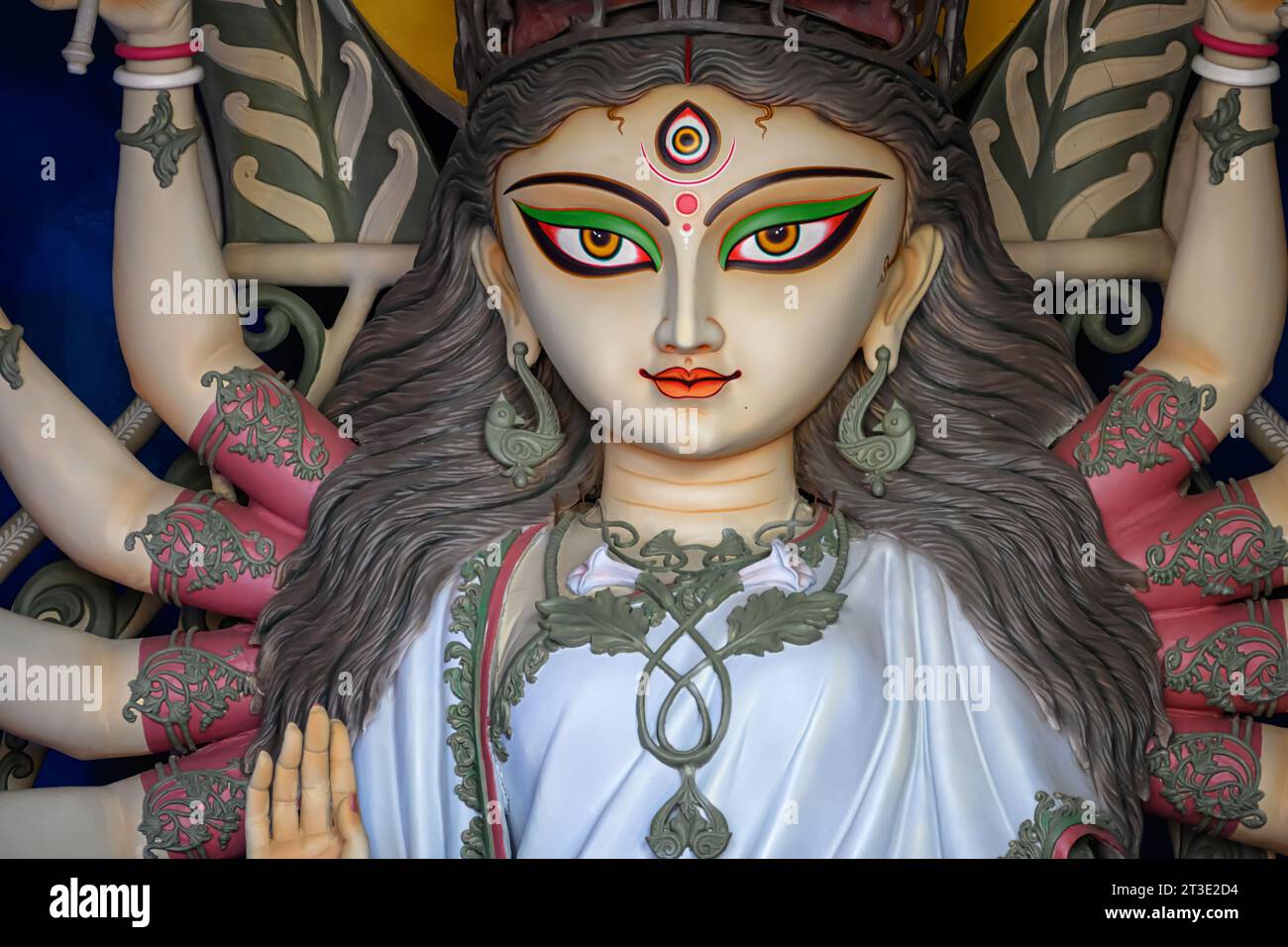 Idol of Goddess Devi Durga at a decorated puja pandal in Kolkata, West ...