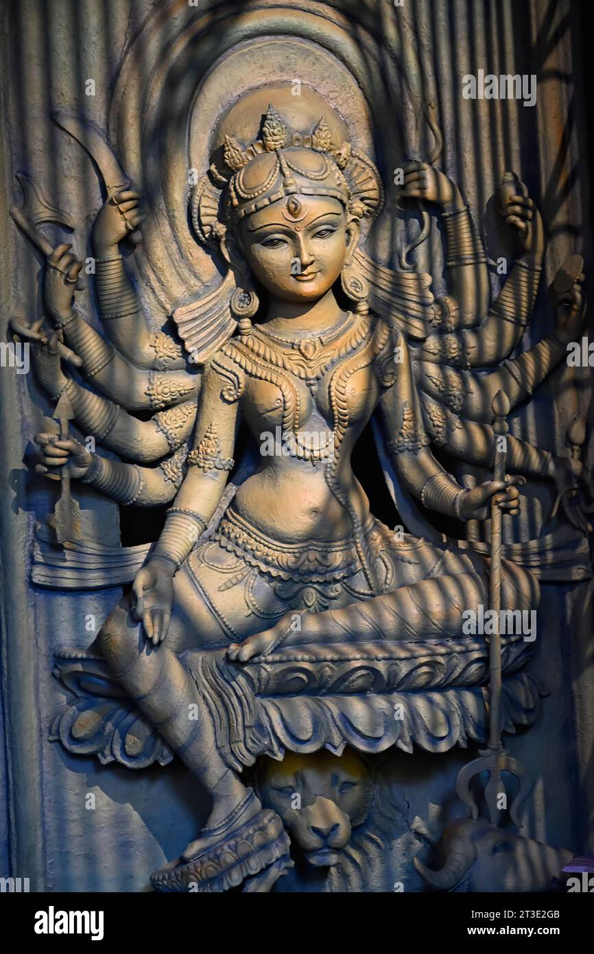 Idol of Goddess Devi Durga at a decorated puja pandal in Kolkata, West ...