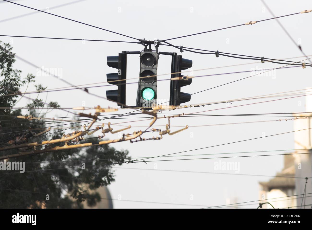 City traffic light near lines for trams Stock Photo - Alamy